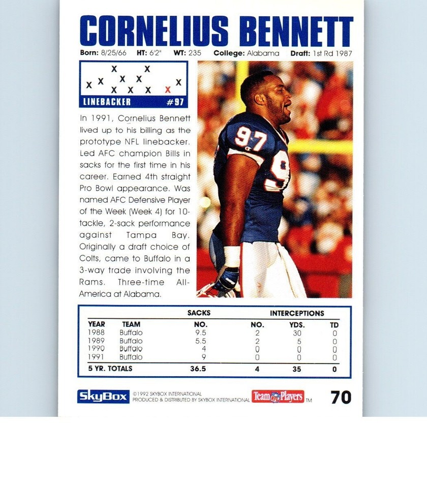 Cornelius Bennett 70 Bills 1992 Skybox Football Trading Card | eBay