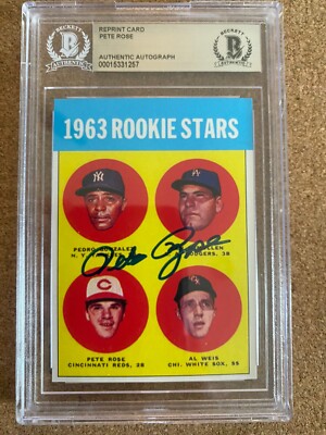 Pete Rose Signed 1963 Topps Rookie Reprint Card Becket. Bold Black Auto ...