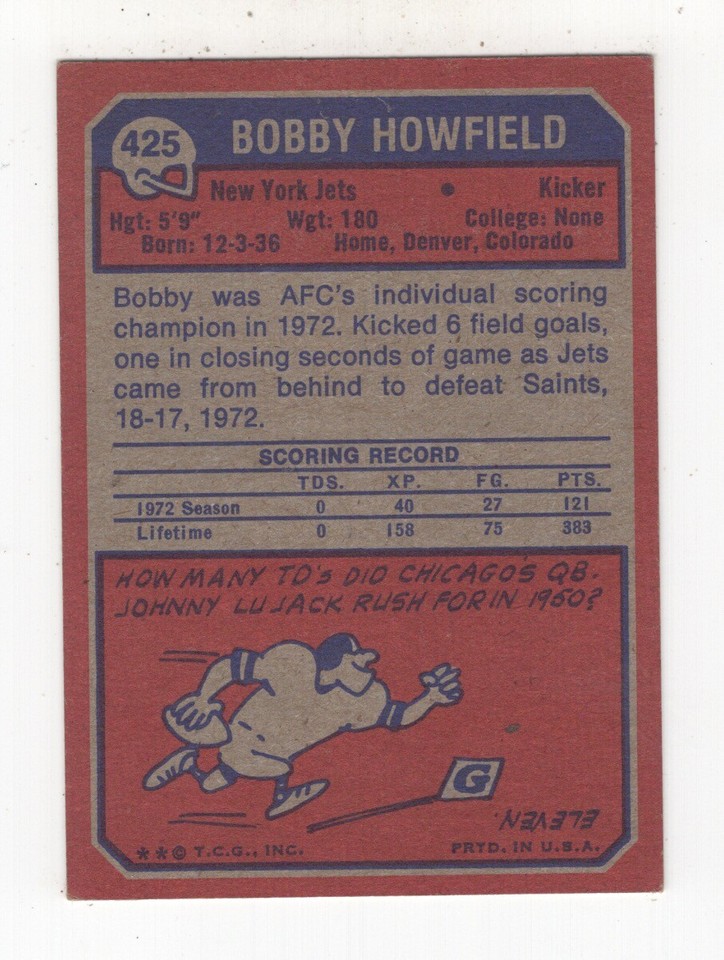 1973 TOPPS FOOTBALL ROOKIE BOBBY HOWFIELD NEW YORK JETS #425 | eBay