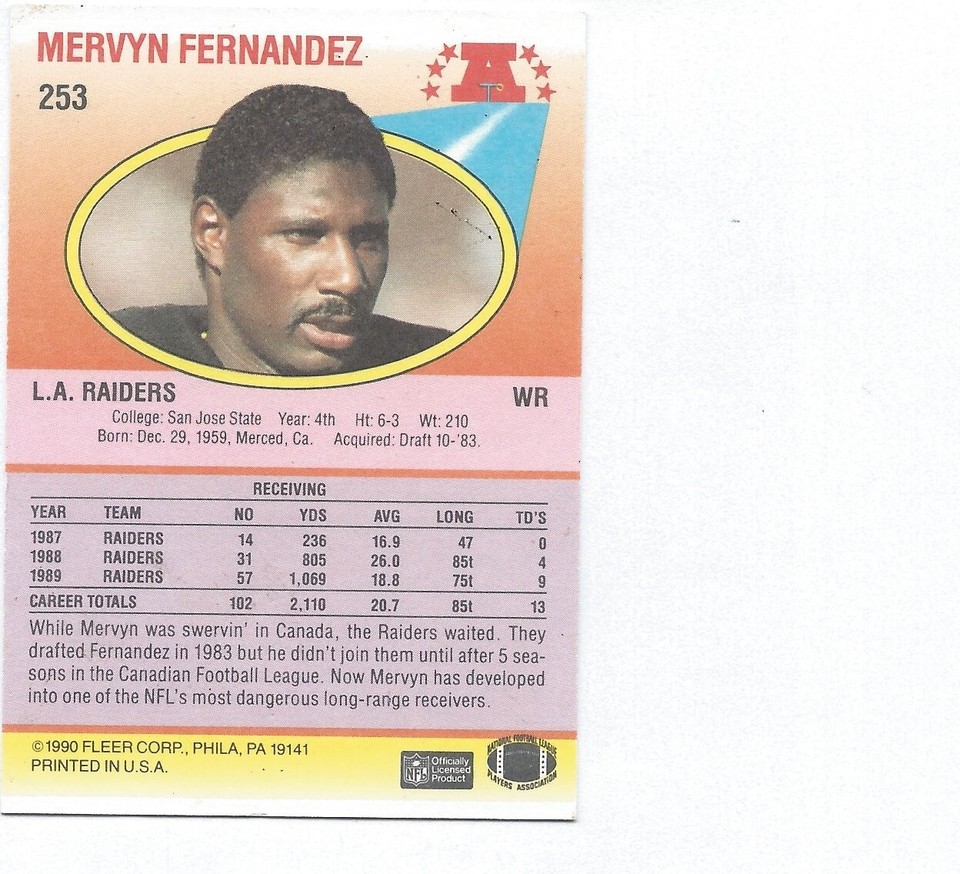 1990 Mervyn Fernandez Fleer Card Raiders #253 | eBay
