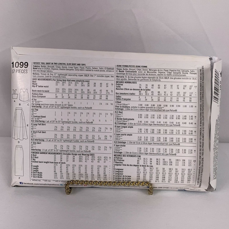 Simplicity 1099 Misses Full or Slim Skirt Tops Pattern Size 4 - 12 ...