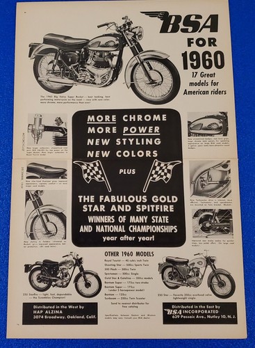 1959 BSA MOTORCYCLE ORIGINAL 2 PAGE PRINT AD DEALER LINEUP / ALL 1960 ...