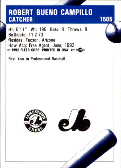 1992 Jamestown Expos Fleer/ProCards #1505 Robert Campillo Tucson ...