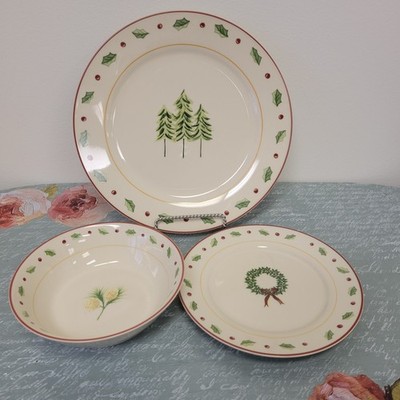 Merry Brite 3pc Christmas Dish Dinner & Salad Plates & Bowl Stoneware ...