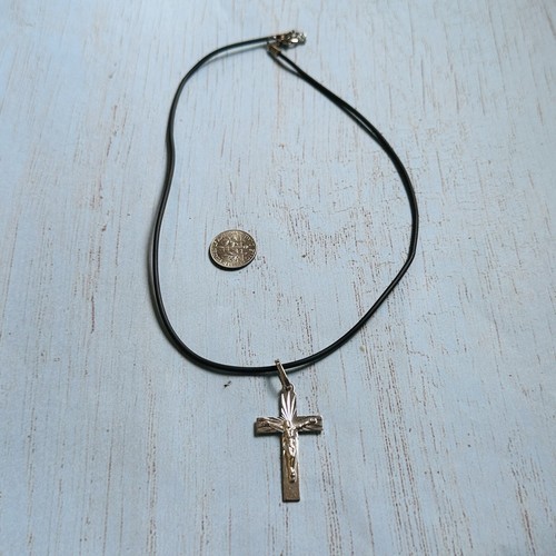 Sterling Silver Crucifix Cross Necklace On Black Rubber Cord 17 In | eBay