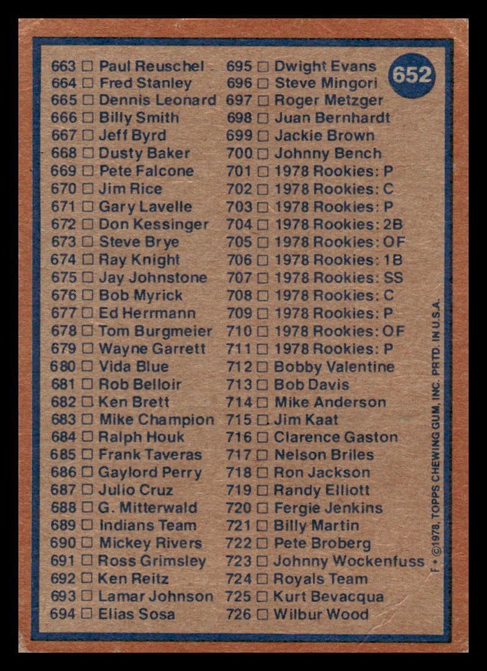 1978 Topps Checklist 606-726 CL #652 Baseball Card READ | eBay
