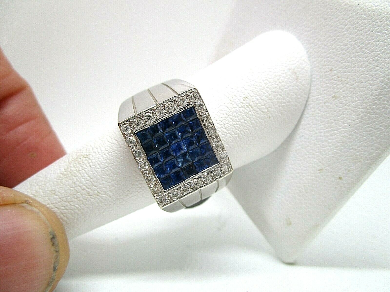 Mens 14K white Gold , Sapphire and Diamond Ring - Gem