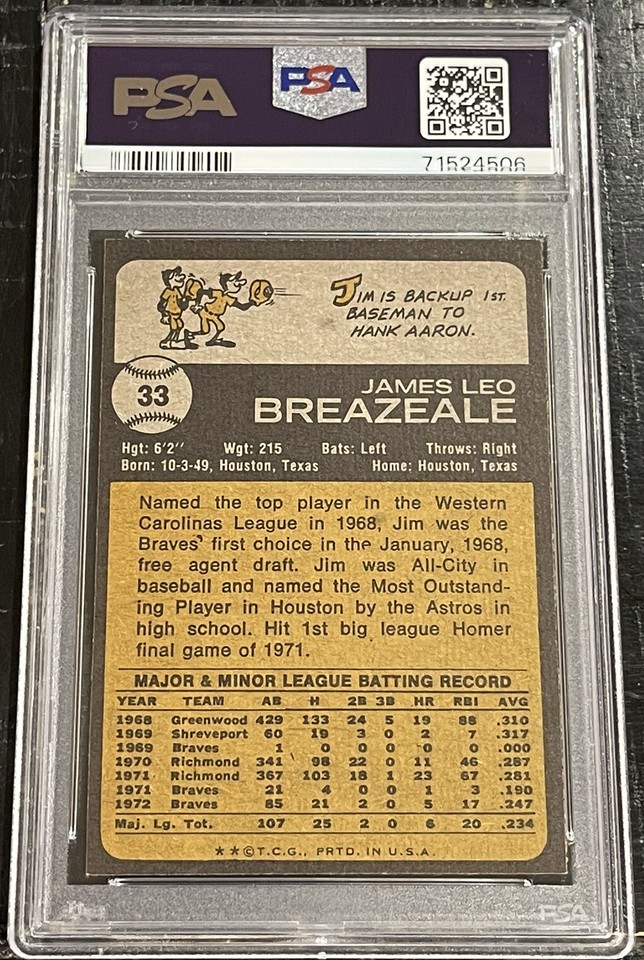 1973 Topps Jim Breazeale PSA AUTHENTIC Clean Card! #33 Atlanta Braves ...