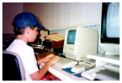 1995 Boy in Baseball Cap Using Vintage Apple Macintosh Computer Vintage ...