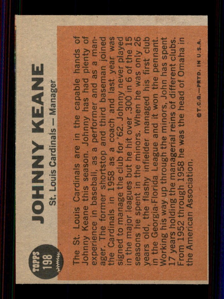1962 Topps #198 Johnny Keane - Crease Free | eBay