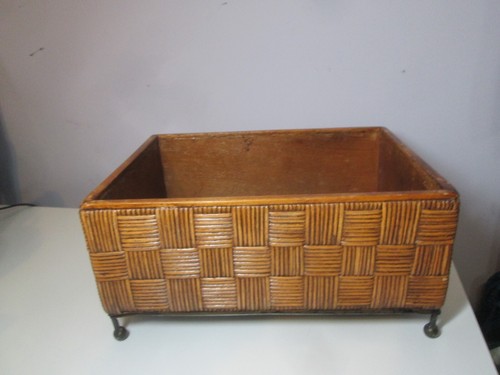Wicker wooden storage Trinket box W metal feet 12' X 10" -sturdy good ...