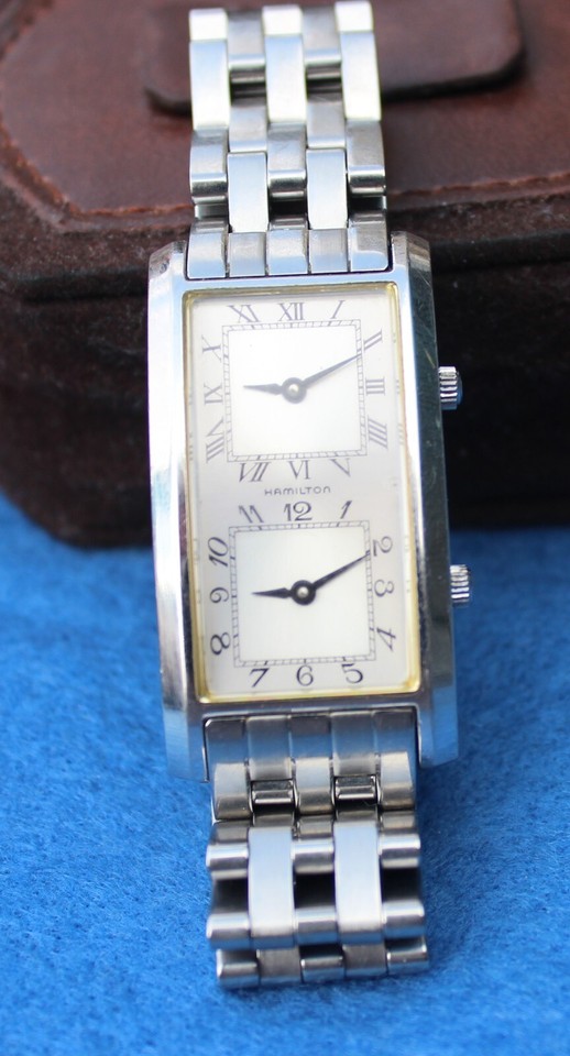 HAMILTON 6273 Tank Dual Time American Traveler Quartz Watch SS Bracelet ...