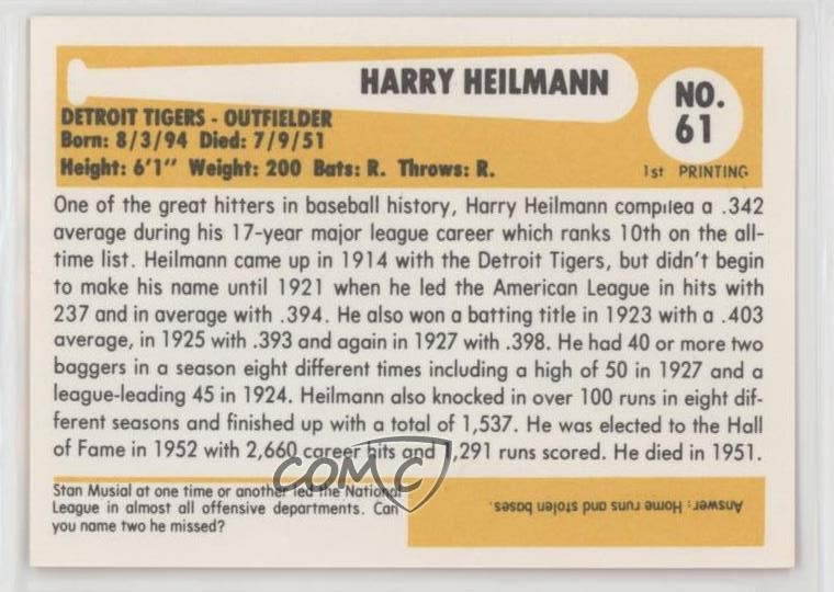 1980-84 SSPC Baseball Immortals 1st Printing Harry Heilmann #61 HOF | eBay