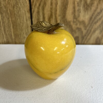 Vintage Golden Yellow Apple Marble Alabaster Stone Paperweight Brass ...