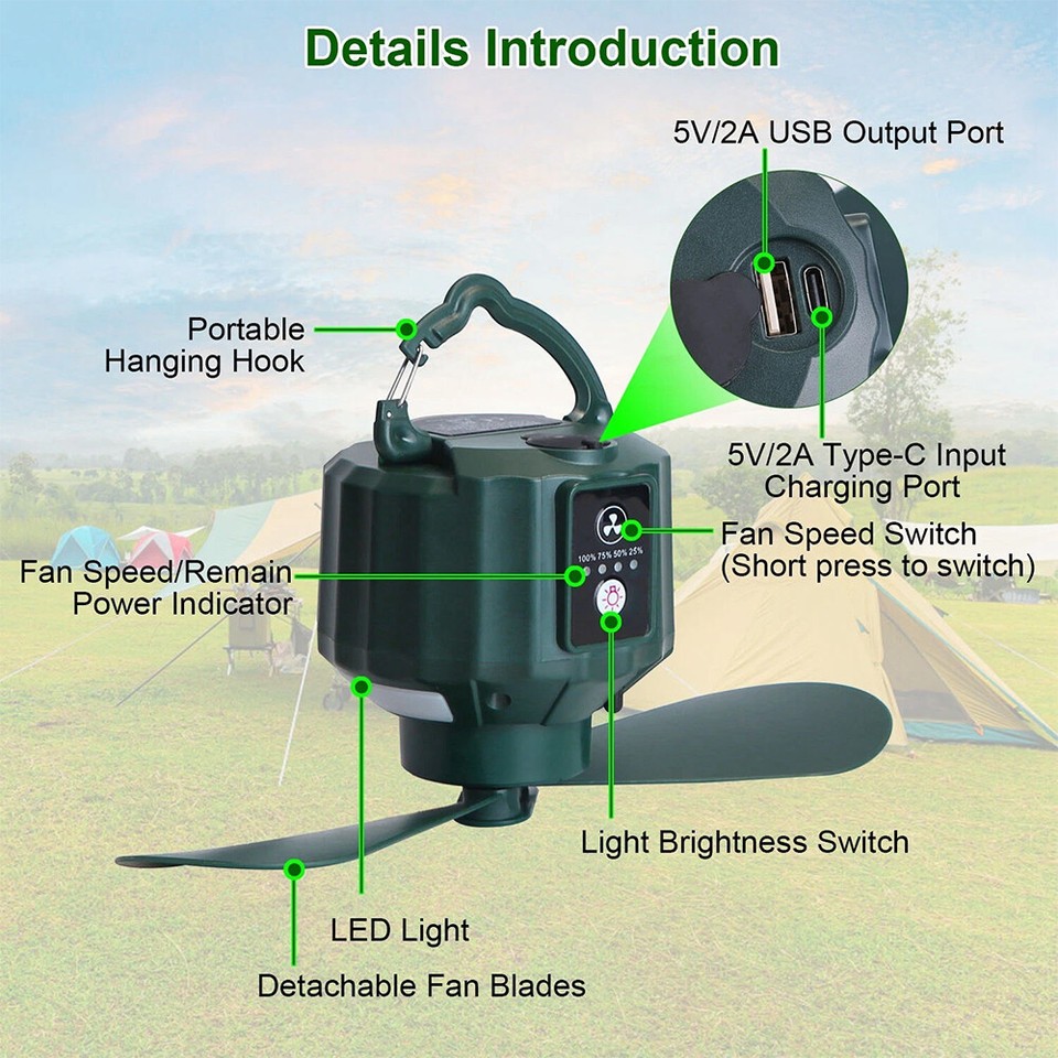 Portable Ceiling Fans with Remote Control Power Bank Tents Camping Fan ...