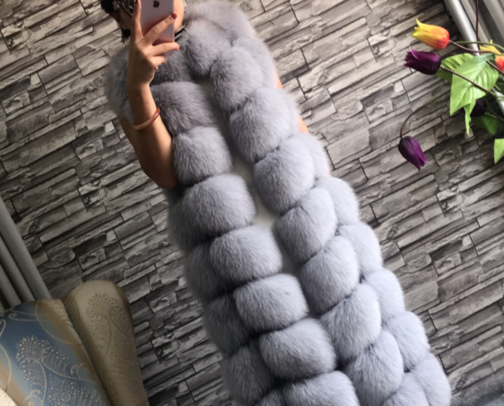 100% Real Fox Fur Blocks Vest Sleeveless Women Long Coat Fur Jacket ...