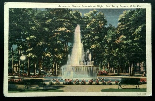Linen Postcard Automatic Electric Fountain at East Perry Square Erie PA ...