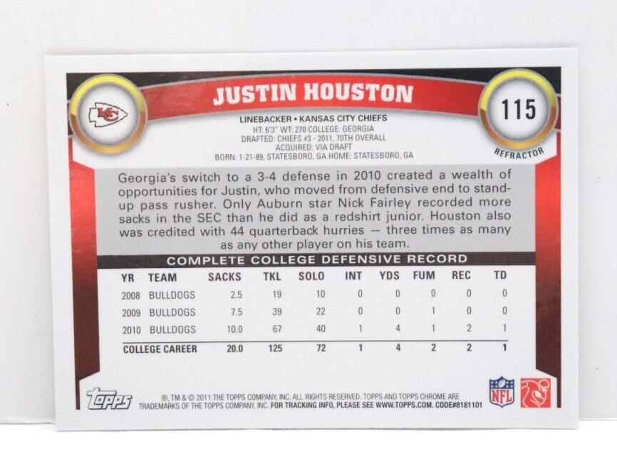 2011 Topps Chrome #115 Justin Houston Rookie Refractor RC Chiefs | eBay