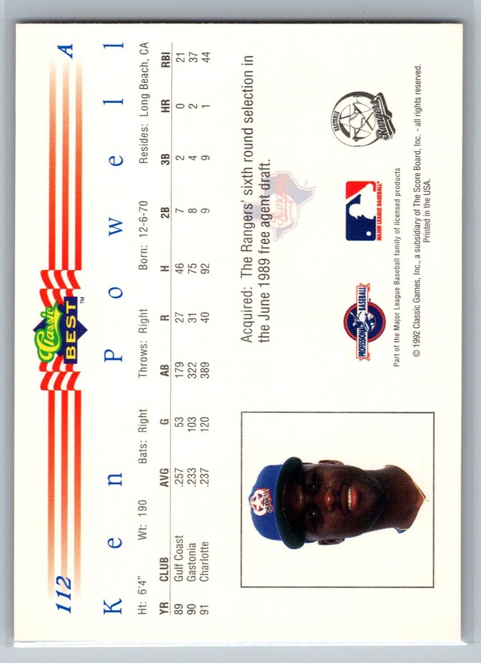 Ken Powell 1992 Classic Best Set Break BASEBALL #112 Gastonia Rangers ...