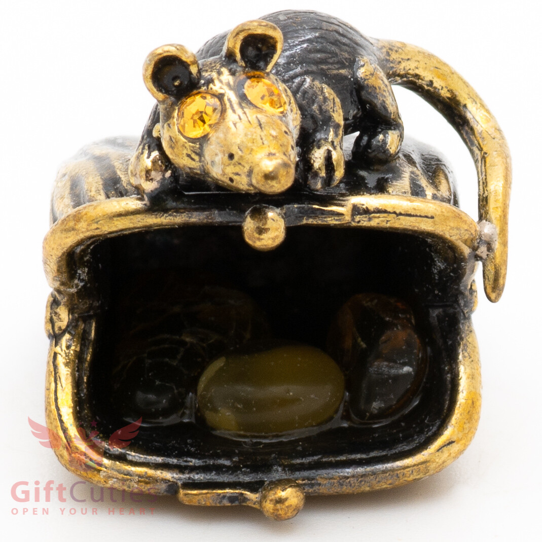 Solid Brass Figurine of Mouse rat on the purse w amber pocket Talisman ...