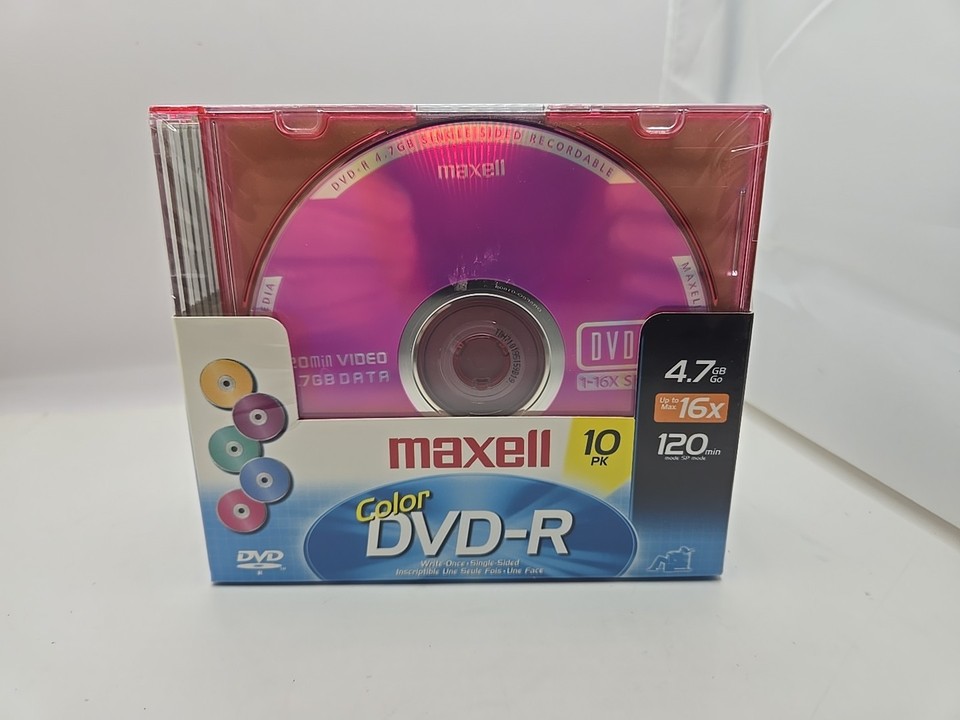 FACTORY SEALED Maxell Color DVD-R 10 Pack w/ Jewel Cases 4.7GB 120Min ...