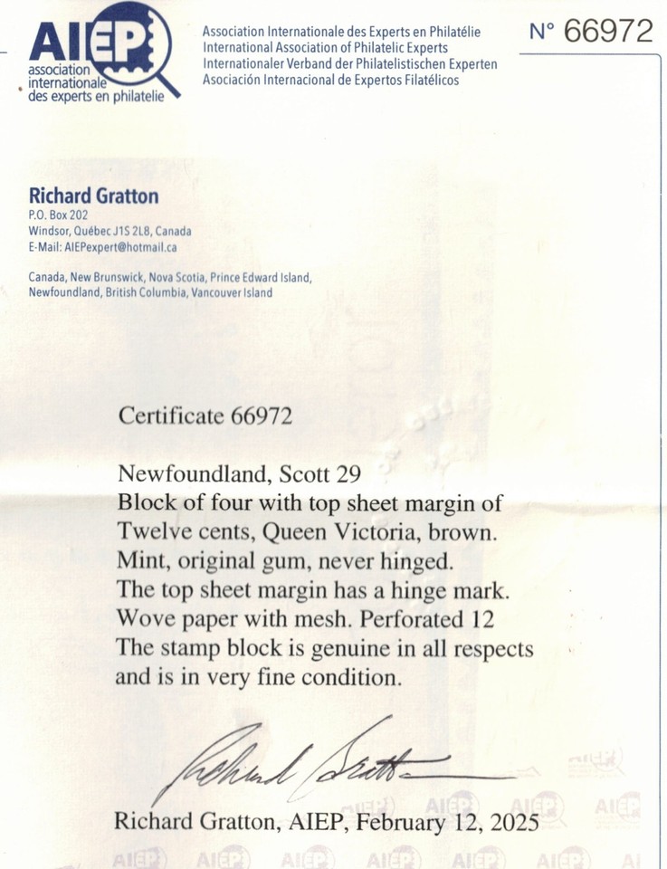 Newfoundland #29 Extra Fine Never Hinged Top Margin Block **With ...