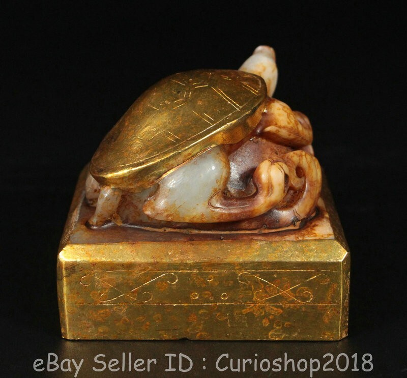 3.6" Chinese Natural Hetian White Jade Gilt Carving Tortoise Seal ...
