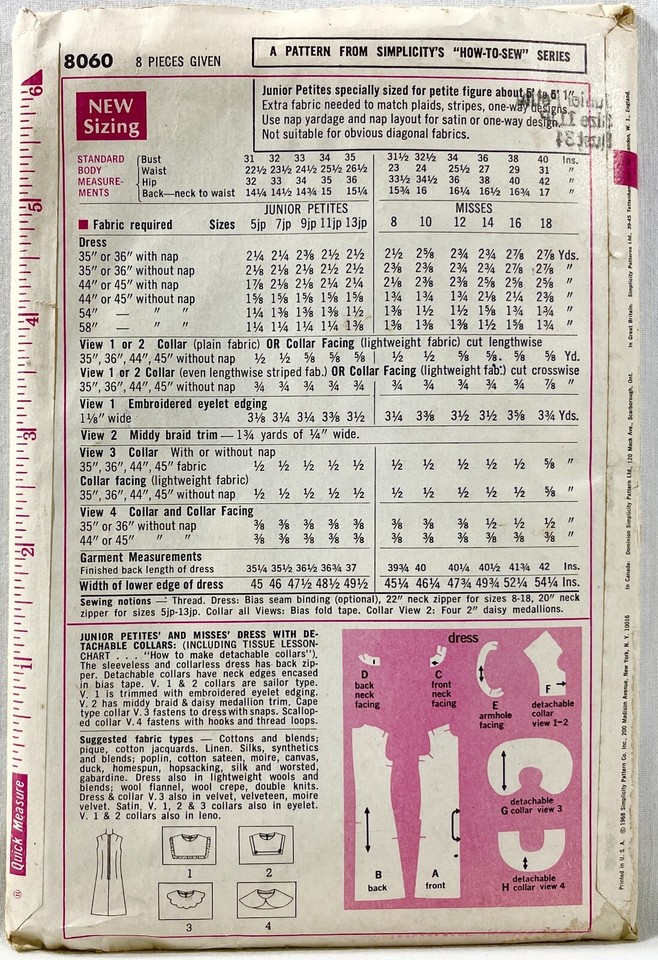 1968 Simplicity Sewing Pattern 8060 Womens Dress Detachable Collars ...