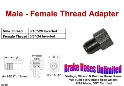 Brake Line Thread Adapter, Male 9/16" x 20 Inverted, Female 3/8" x 24 ...