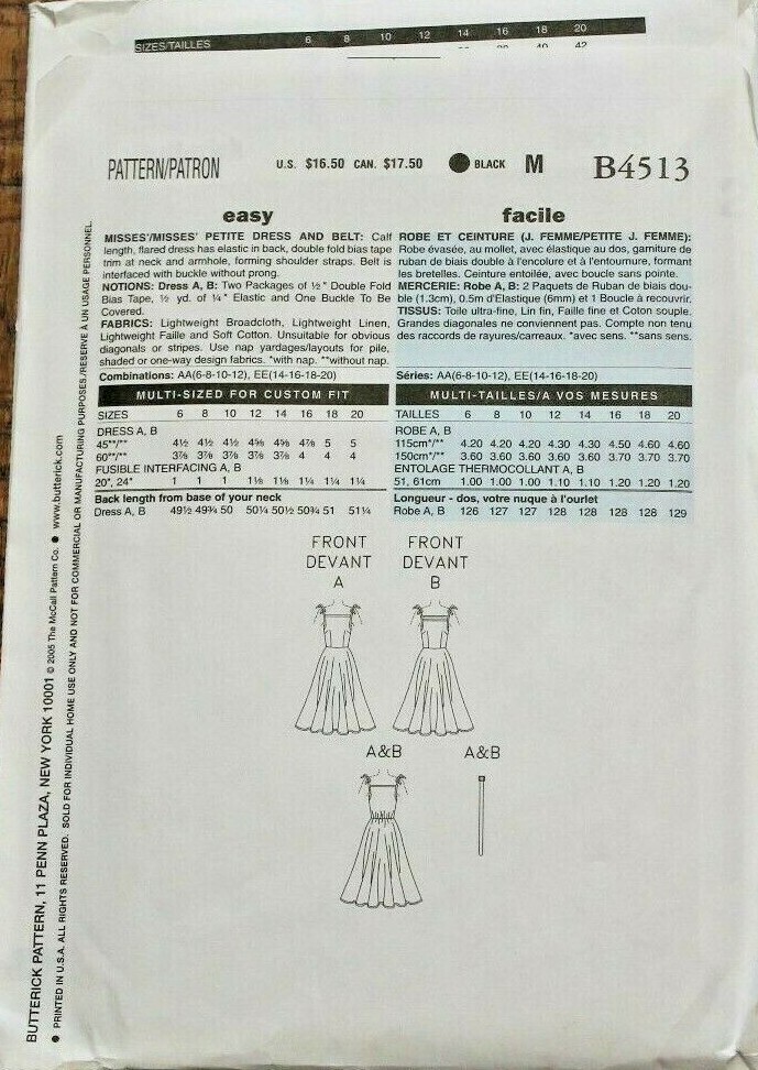 Misses' One Piece Dress Butterick Sewing Pattern 4513 Size 14 for sale ...