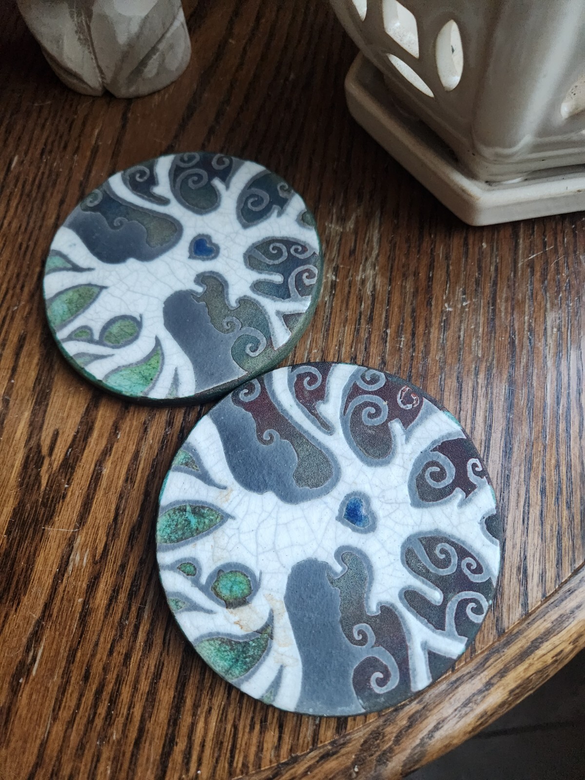 Jeremy Diller Raku Pottery Art Coasters Trivets Tree Heart Set Of 2 | eBay
