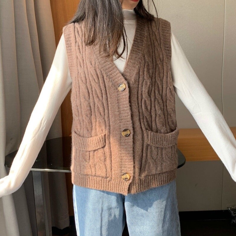 Women V-neck Jacquard Knitted Cardigan Pocket Gilet Tank Retro Student ...