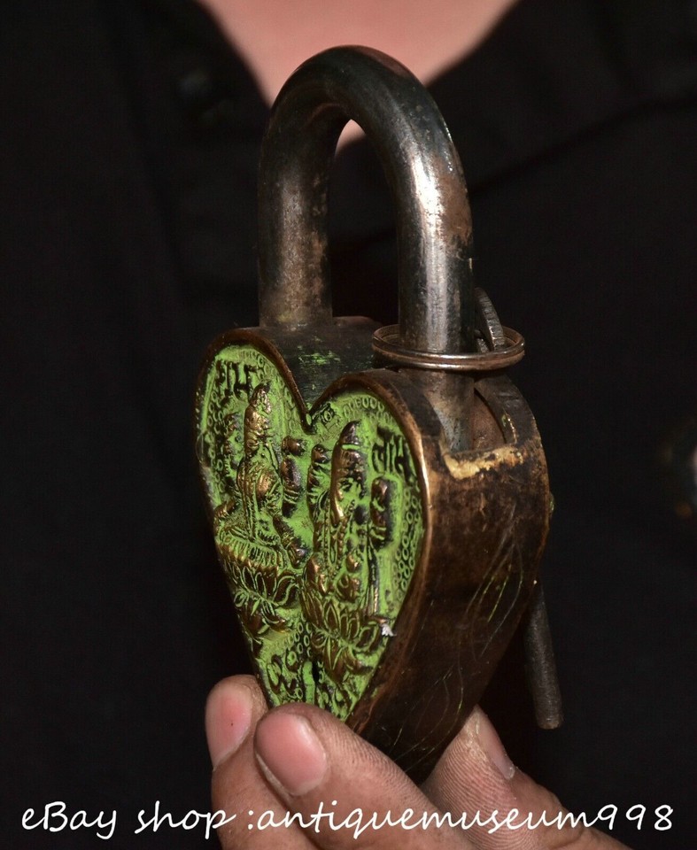 4.8" Old Chinese Copper Dynasy Buddha Hheart-shaped lock Statue ...