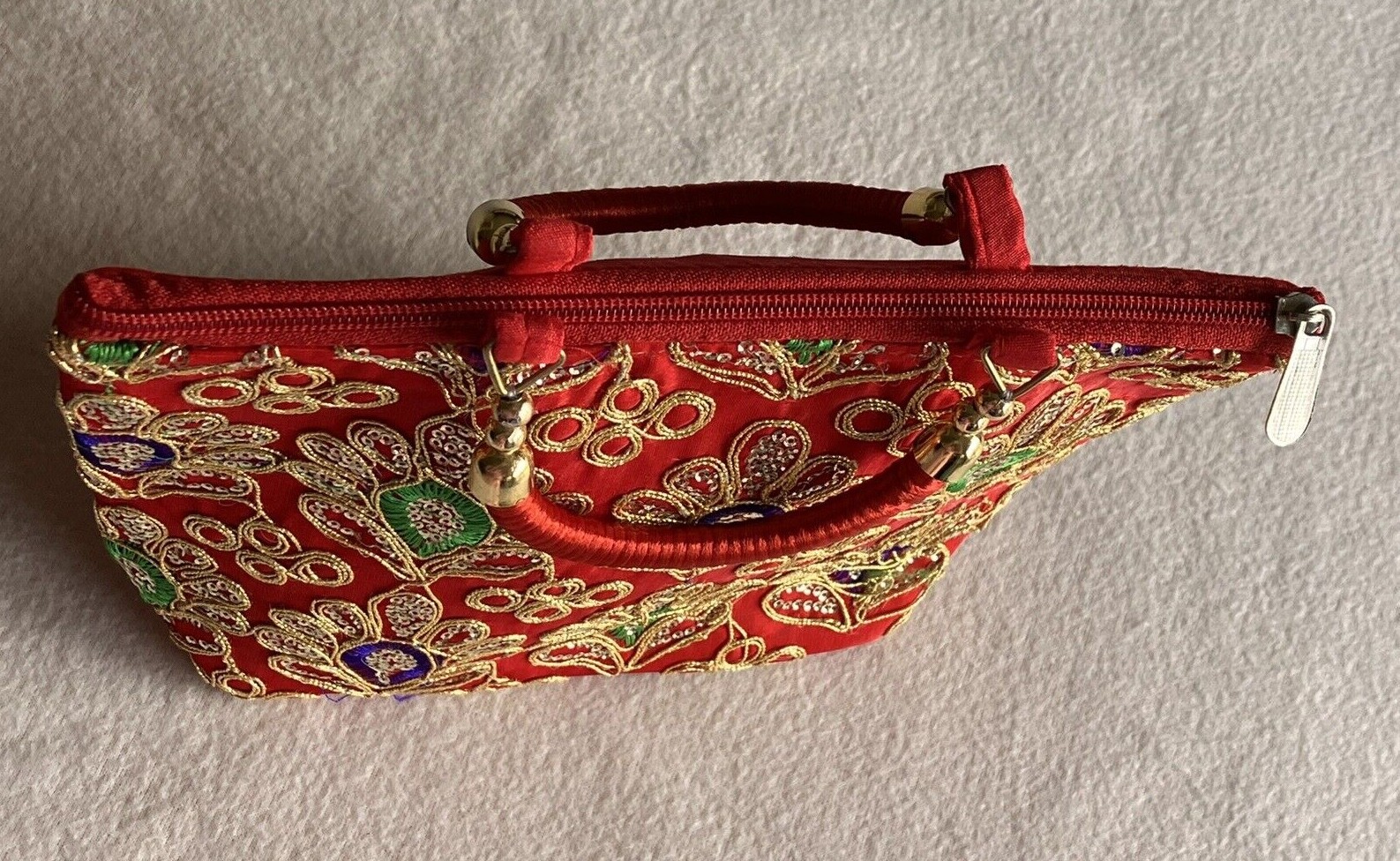 Red Embroidered Asian Purse Bag Double Handles Gold H… - Gem