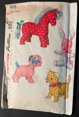 Simplicity Pattern # 4915 Stuffed Toys Horse Bunny Dog Cat | eBay