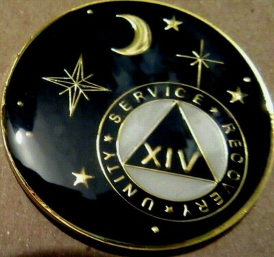 Black Gold Moon Alcoholics Anonymous AA 14 Year Medallion White Token ...