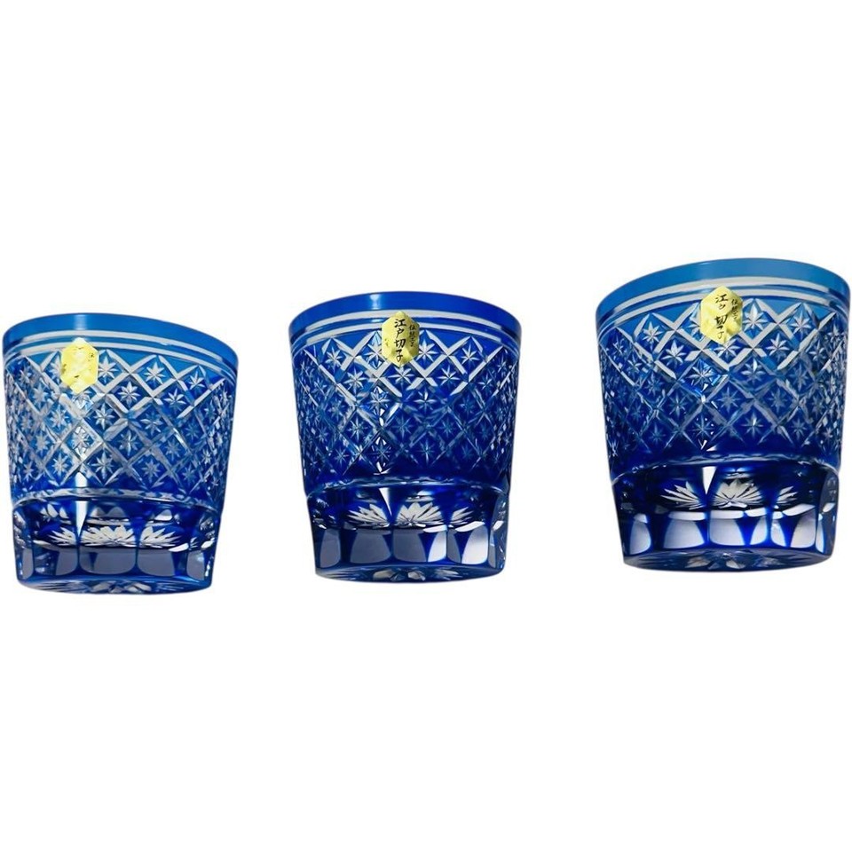 Saiho Edo Kiriko Blue Cut Glass Rock Glass Set Five Japanese Craft | eBay