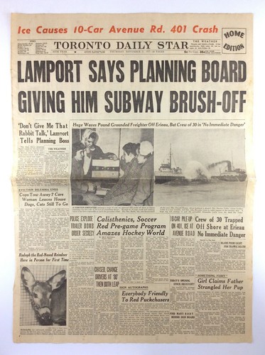 Vintage November 21 1957 Toronto Daily Star Newspaper Headline Subway ...
