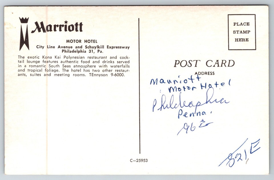 Postcard Marriott Motor Hotel Philadelphia Pennsylvania PA C8 | eBay