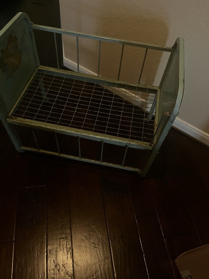 Vintage Amsco Blue Metal Doll E Crib Wooden Wheels Mattress Lamb Decals ...