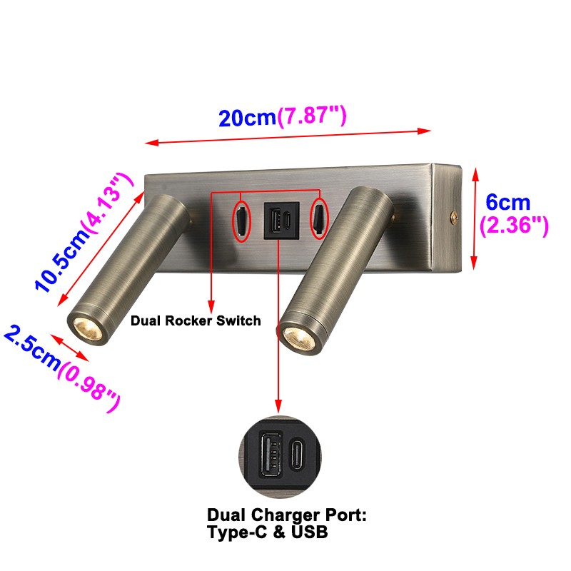 COB LED Wall Light Type-C USB Charger Reading Spotlight Swivel Lamp ...