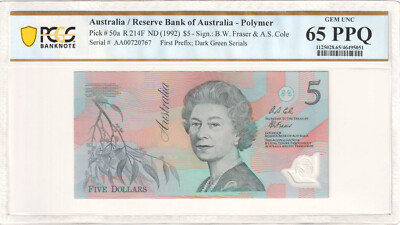 Australia 1992 First Prefix AA00 $5 Fraser Cole Banknote PCGS 65PPQ ...