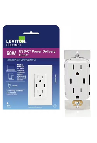 Leviton USB Wall Outlet High Power Dual Type-C w Power Delivery 60W 6A ...