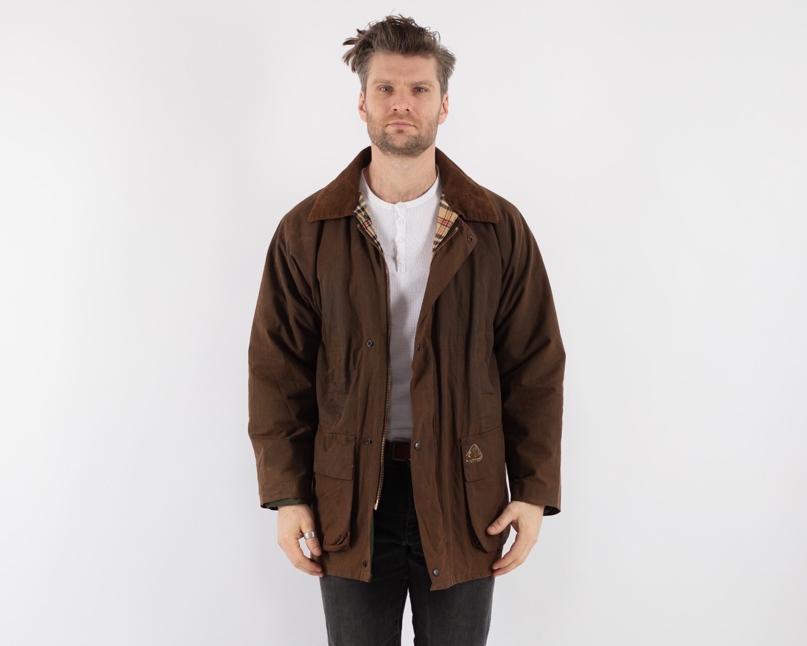 90s Men's Brown Waxed Canvas Field Jacket Oilskin WAX… - Gem
