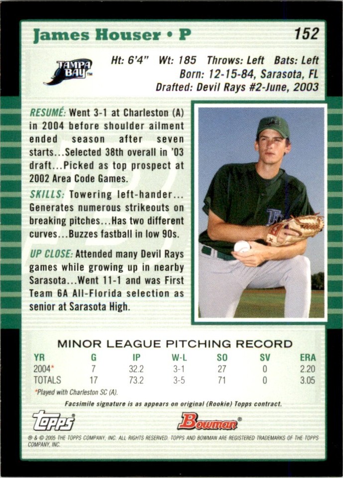 2005 Bowman James Houser Tampa Bay Devil Rays #152 | eBay