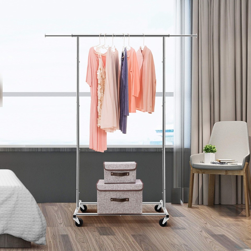 Rolling Chrome Clothes Rack on Wheels - Garment Organizer for Hanging ...