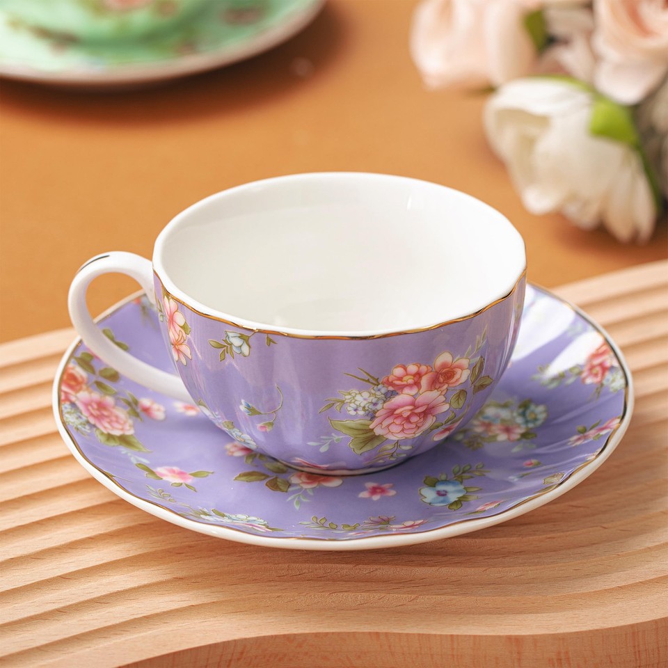 BTaT- Tea Cups and Saucers Set of 6, Tea Set, Floral Tea Cups (7oz ...