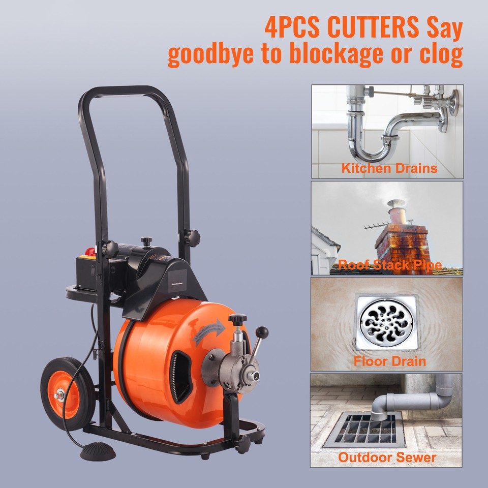 Drain Cleaner Machine Electric Drain Auger 100 FT x 1/2 In Auto Feed | eBay