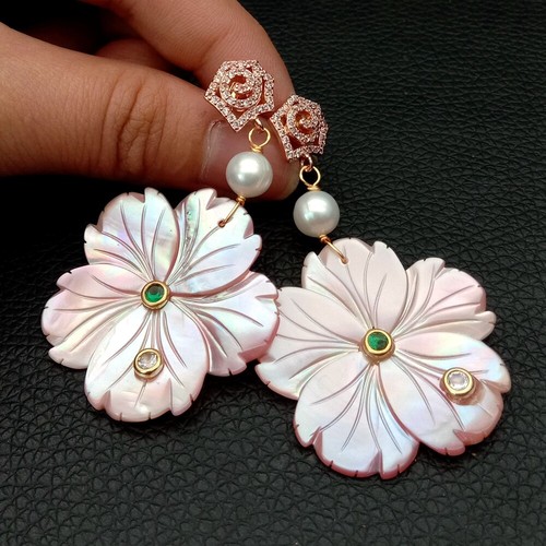 Pink Mop Shell Carved Flower White Pearl Cz Stud Earrings | eBay