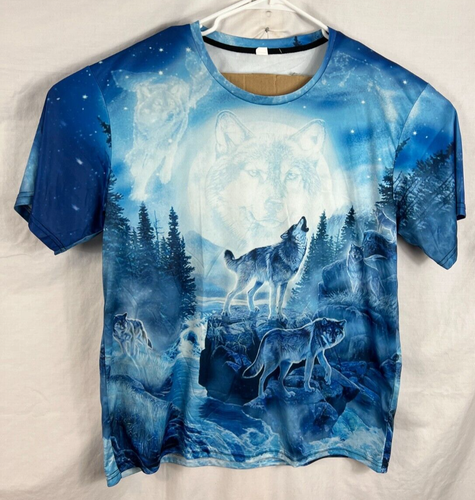 Wolf Howling at the Moon Graphic T-Shirt Blue Men 3XL S/S Nature Pack ...